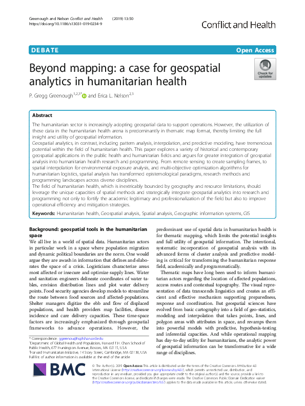 (PDF) Beyond mapping: a case for geospatial analytics in humanitarian health