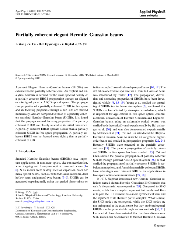 Pdf Partially Coherent Elegant Hermite Gaussian Beams