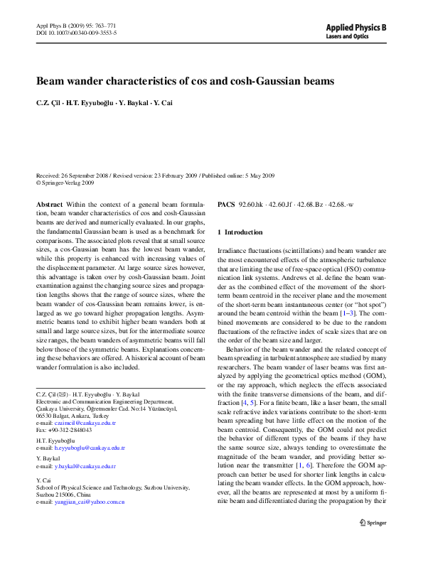 (PDF) Beam wander characteristics of cos and cosh-Gaussian beams