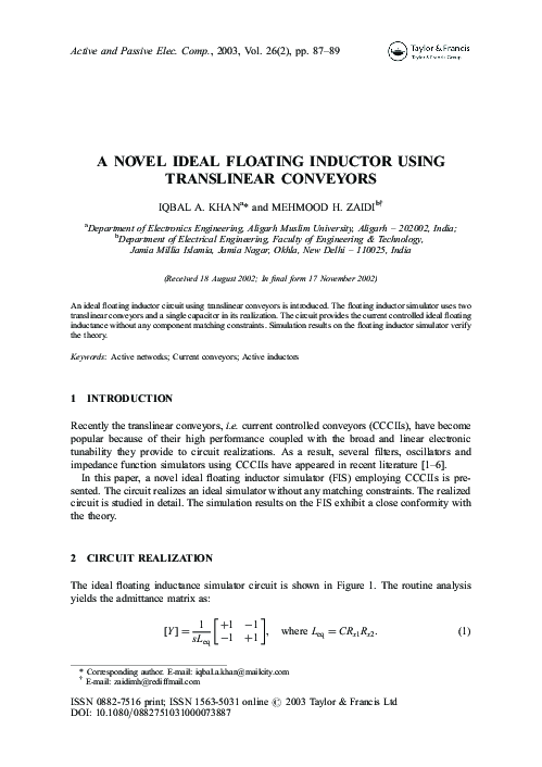 Pdf A Novel Ideal Floating Inductor Using Translinear Conveyors