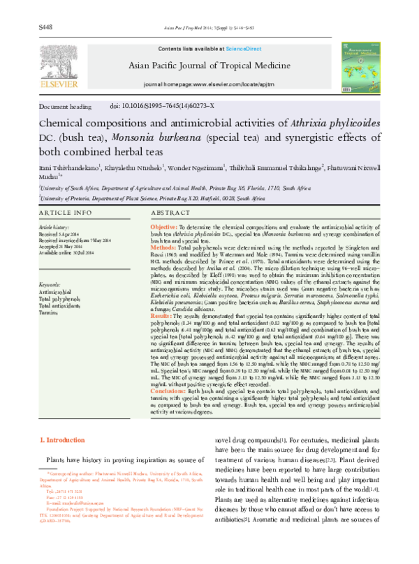 (PDF) Chemical compositions and antimicrobial activities of Athrixia phylicoides DC. (bush tea ...