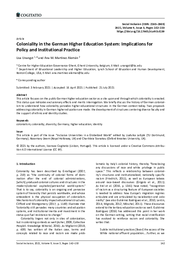 (PDF) Coloniality in the German Higher Education System: Implications ...