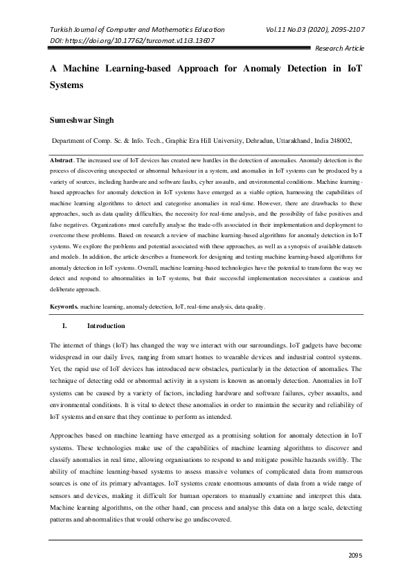 Pdf A Machine Learning Based Approach For Anomaly Detection In Iot
