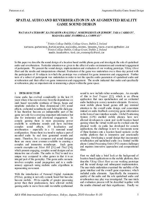 (PDF) Spatial Audio and Reverberation in an Augmented Reality Game Sound Design