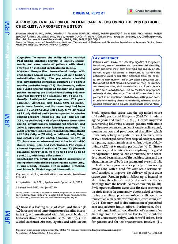 (PDF) A process evaluation of patient care needs using the Post-Stroke ...