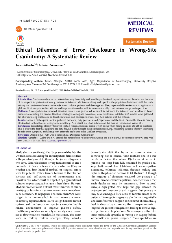 (PDF) Ethical Dilemma of Error Disclosure in Wrong-Site Craniotomy: A ...