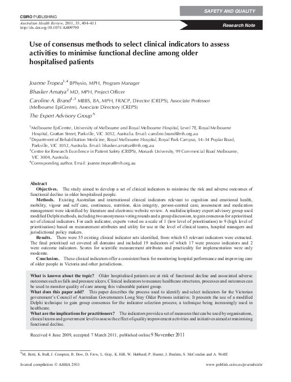 Pdf Use Of Consensus Methods To Select Clinical Indicators To Assess Activities To Minimise