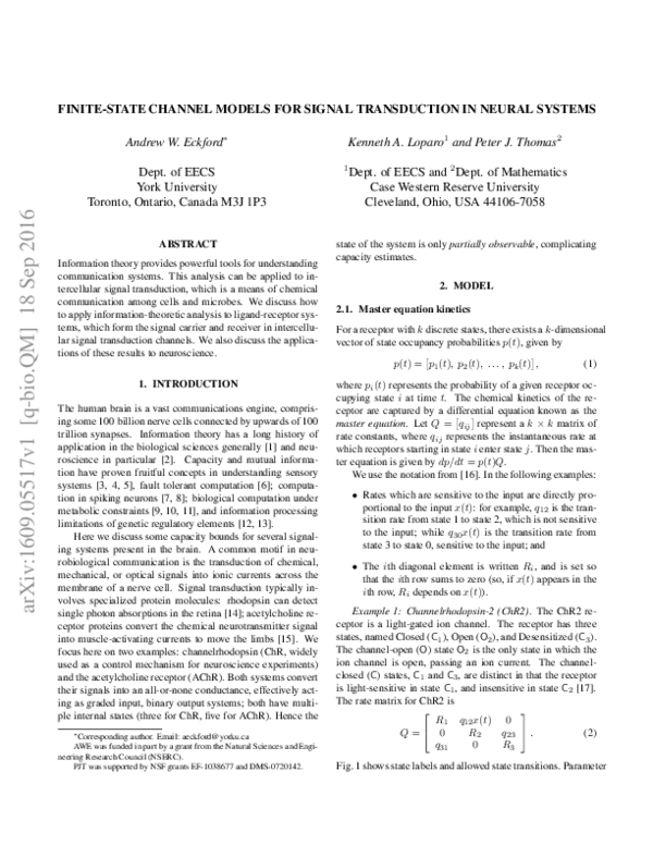 (PDF) Finite-state channel models for signal transduction in neural systems