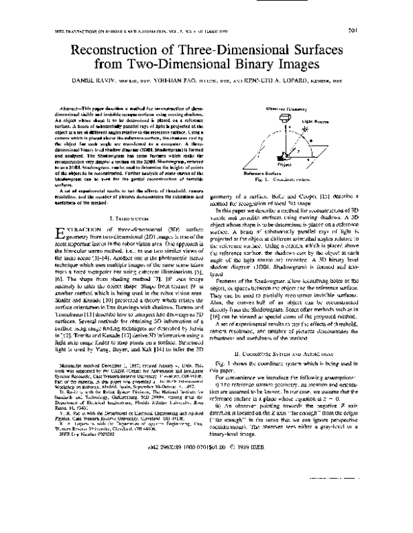 (PDF) Reconstruction of three-dimensional surfaces from two-dimensional binary images