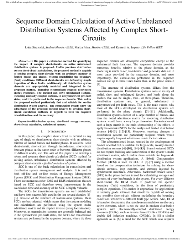 Pdf Sequence Domain Calculation Of Active Unbalanced Distribution Systems Affected By Complex