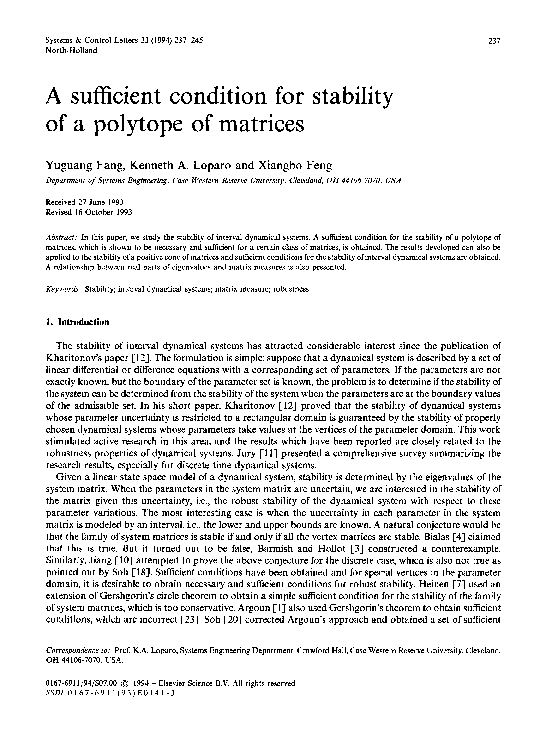 (PDF) A sufficient condition for stability of a polytope of matrices