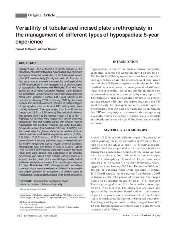 (PDF) Versatility of tubularized incised plate urethroplasty in the ...
