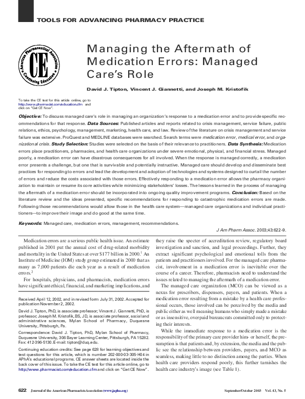 (PDF) Managing the Aftermath of Medication Errors: Managed Care’s Role