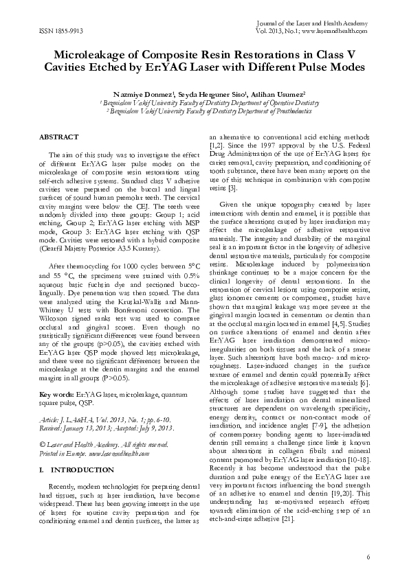 Pdf Microleakage Of Composite Resin Restorations In Class V Cavities Etched By Er Yag Laser