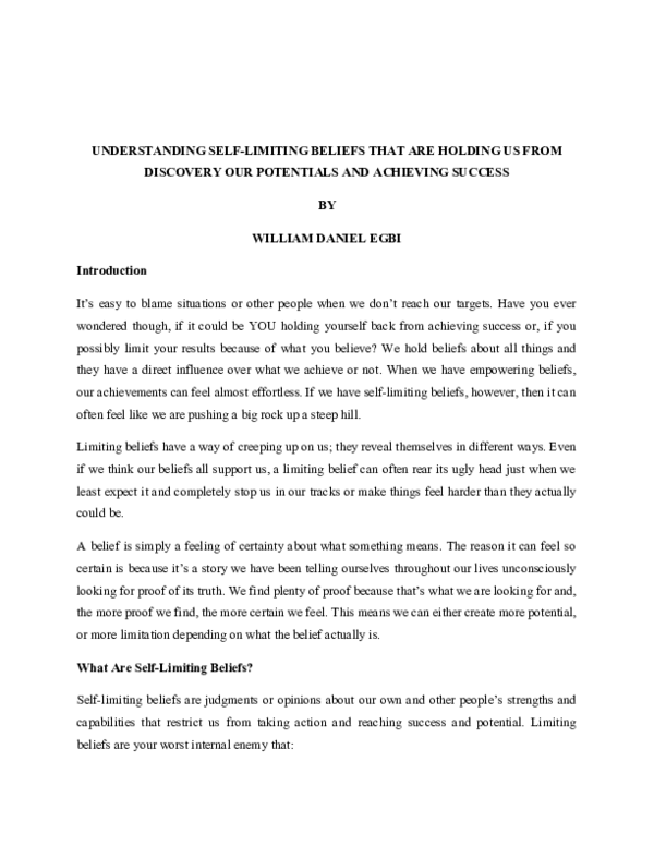(DOC) UNDERSTANDING SELF-LIMITING BELIEFS THAT ARE HOLDING US FROM ...