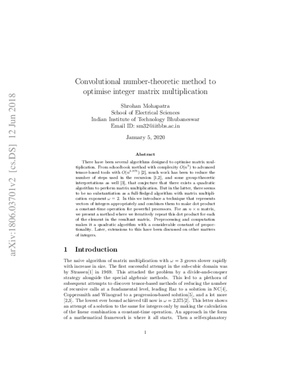 Pdf Convolutional Number Theoretic Method To Optimise Integer Matrix Multiplication Shrohan