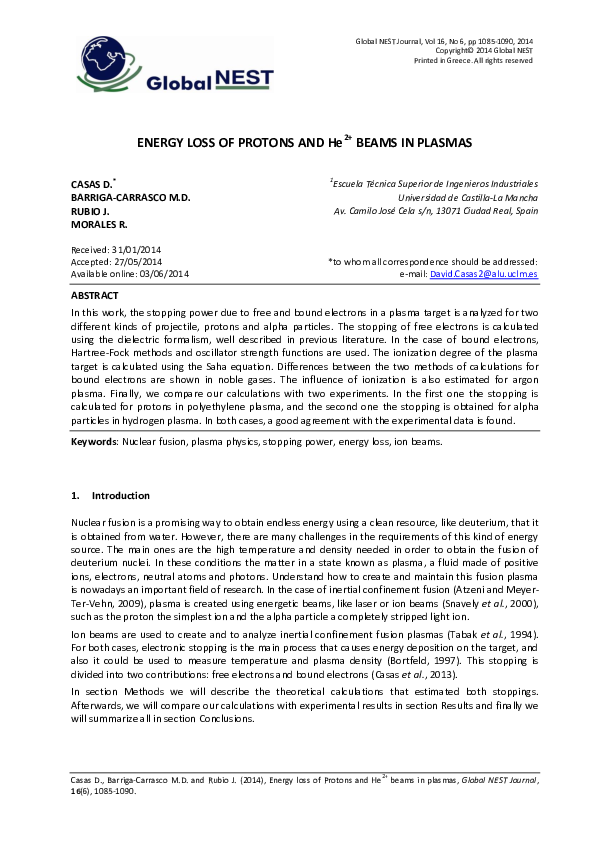 (PDF) Energy loss of protons and He2+ beams in plasmas