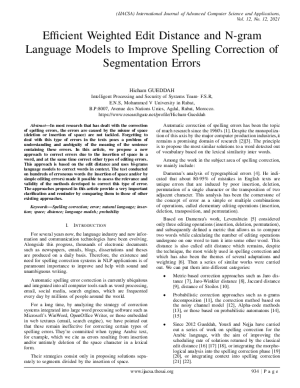 Pdf Efficient Weighted Edit Distance And N Gram Language Models To Improve Spelling Correction