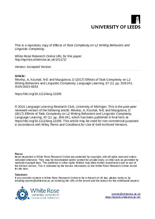 (PDF) Effects of Task Complexity on L2 Writing Behaviors and Linguistic Complexity
