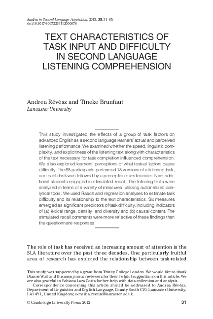 Pdf Text Characteristics Of Task Input And Difficulty In Second Language Listening
