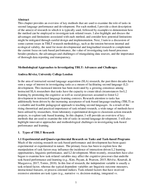 (PDF) Methodological Approaches to Investigating Task-Based Language ...