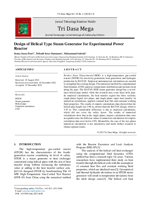 (PDF) Design of Helical Type Steam Generator for Experimental Power Reactor