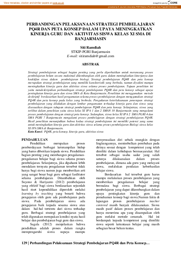 (PDF) Perbandingan Pelaksanaan Strategi Pembelajaran PQ4R Dan Peta Konsep Dalam Upaya ...