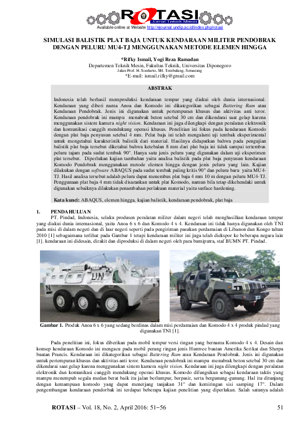(PDF) Simulasi Balistik Plat Baja Untuk Kendaraan Militer Pendobrak ...
