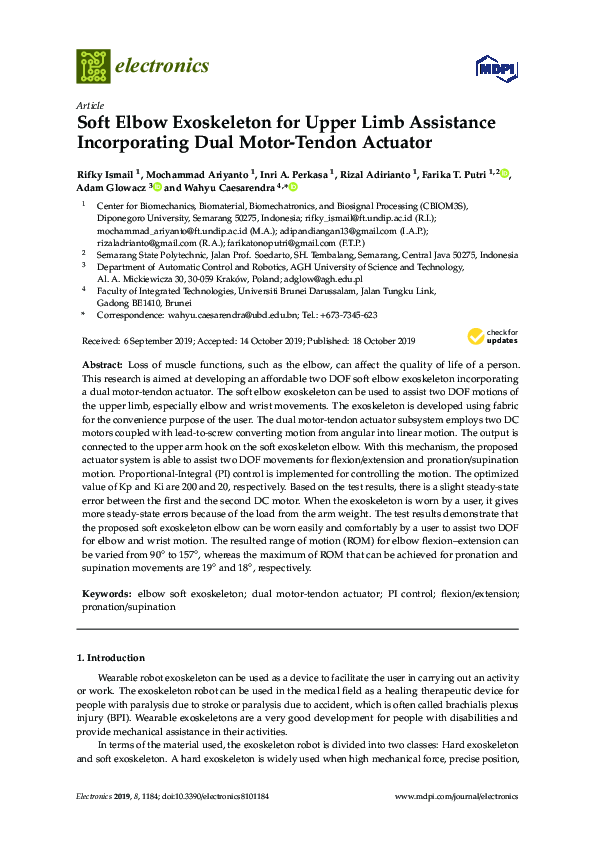 (PDF) Soft Elbow Exoskeleton for Upper Limb Assistance Incorporating ...