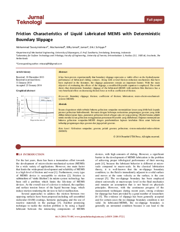(PDF) Friction Characteristics of Liquid Lubricated MEMS with Deterministic Boundary Slippage
