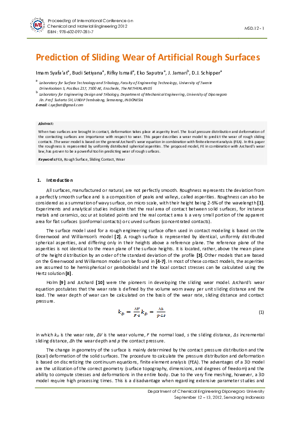 (PDF) Prediction of Sliding Wear of Artificial Rough Surfaces