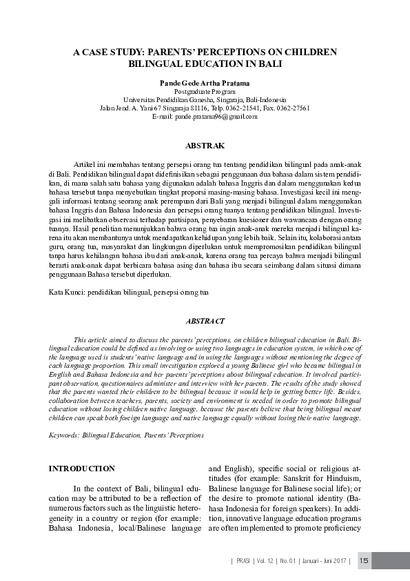 (PDF) A Case Study: Parents’ Perceptions on Children Bilingual Education in Bali