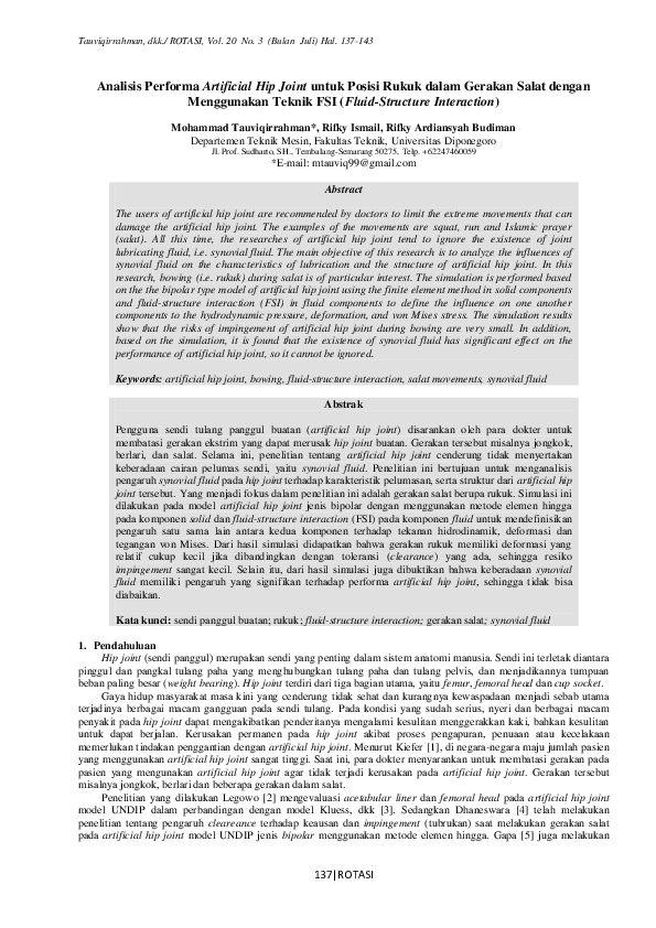 (PDF) Analisis Performa Artificial Hip Joint untuk Posisi Rukuk dalam Gerakan Salat dengan ...