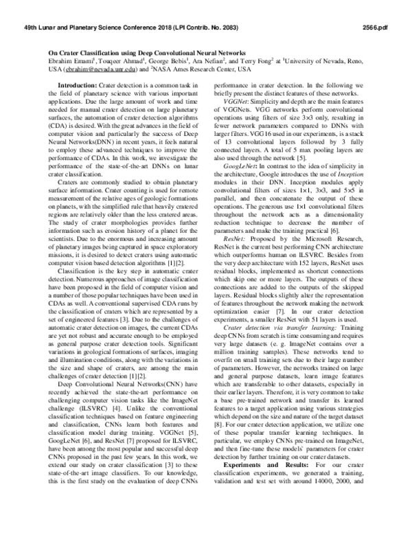 (PDF) On Crater Classification using Deep Convolutional Neural Networks