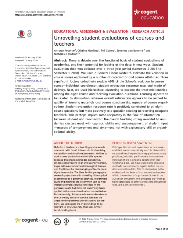 (PDF) Unravelling student evaluations of courses and teachers