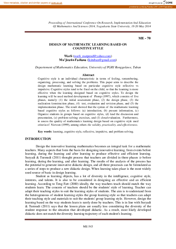 (PDF) Design of Mathematic Learning Based on Cognitive Style | warli ...
