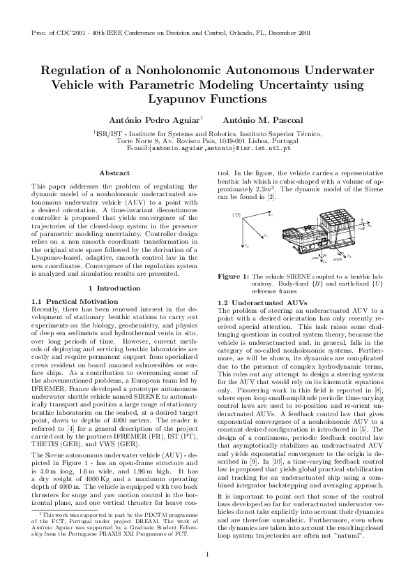 Pdf Regulation Of A Nonholonomic Autonomous Underwater Vehicle With
