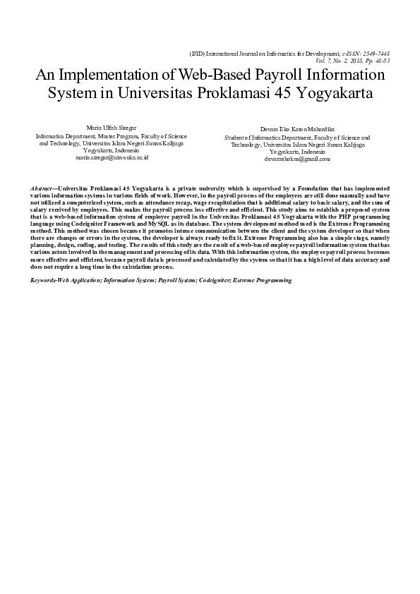 Pdf Design And Development Of Web Based Employee Payroll Information System Using Codeigniter