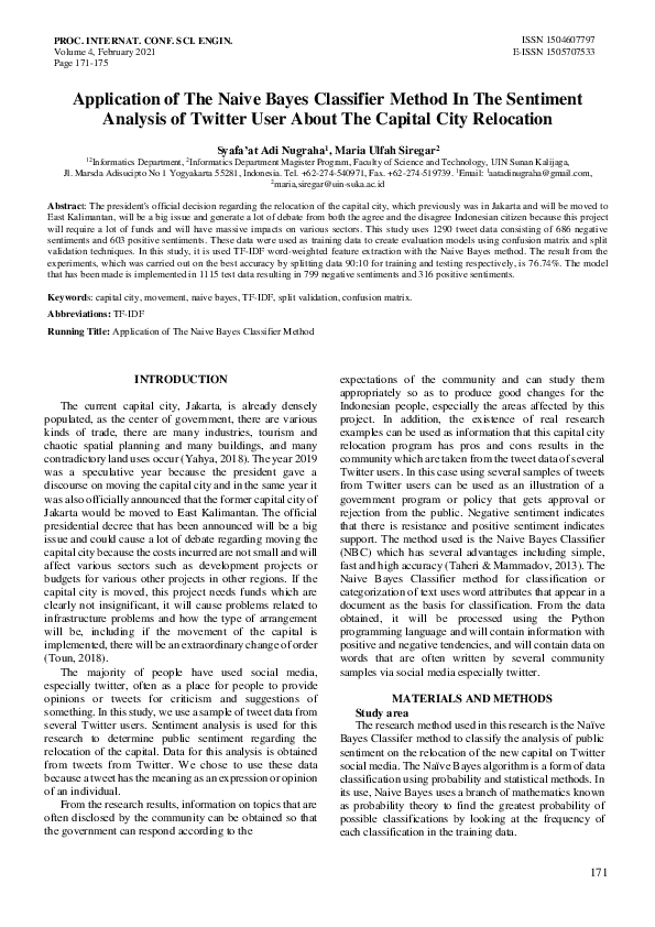 (PDF) Application of The Naive Bayes Classifier Method In The Sentiment Analysis of Twitter User ...