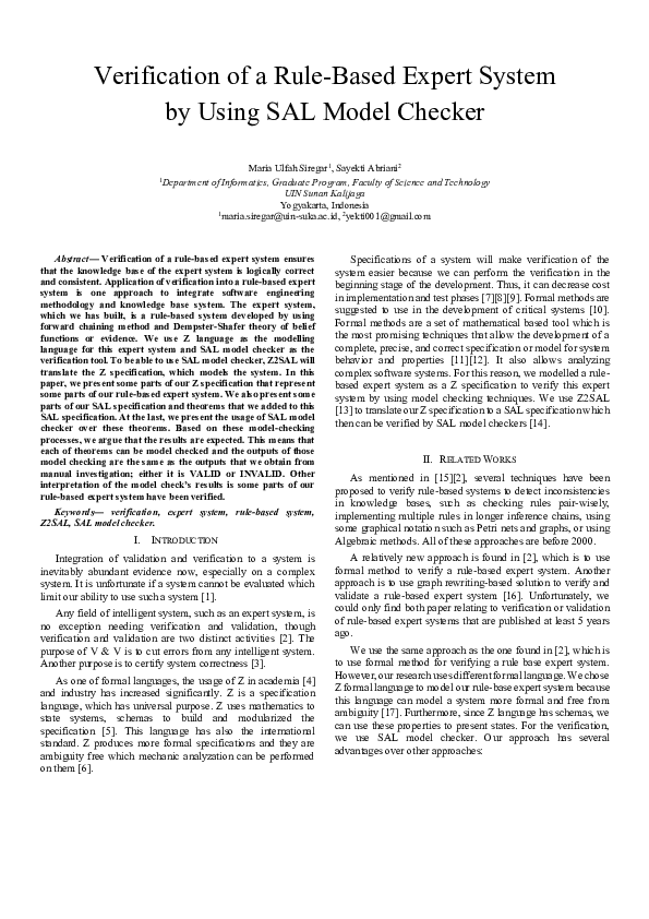 (PDF) Verification of a Rule-Based Expert System by Using SAL Model Checker