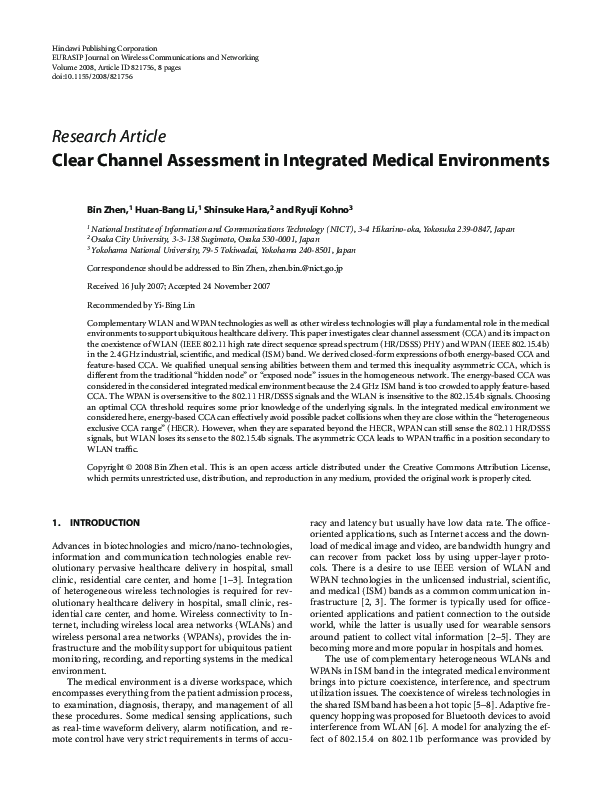 (PDF) Clear Channel Assessment in Integrated Medical Environments ...