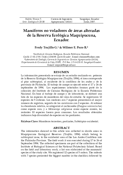 (PDF) Mamíferos no voladores de áreas alteradas de la Reserva Ecológica Maquipucuna, Ecuador