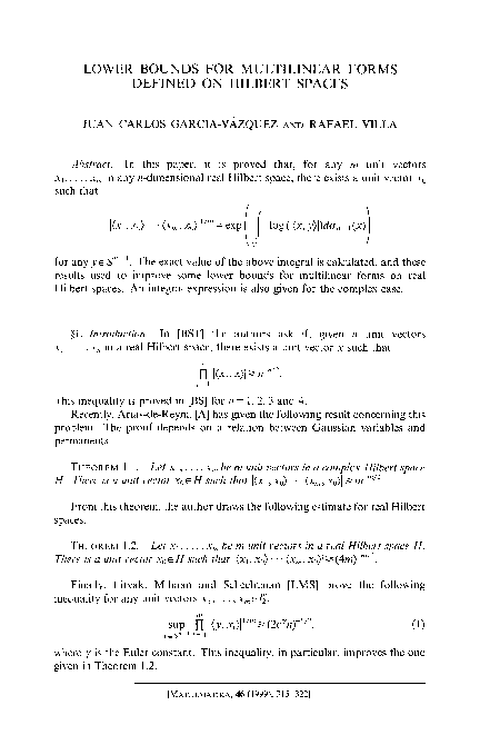 (PDF) Lower bounds for multilinear forms defined on Hilbert Spaces
