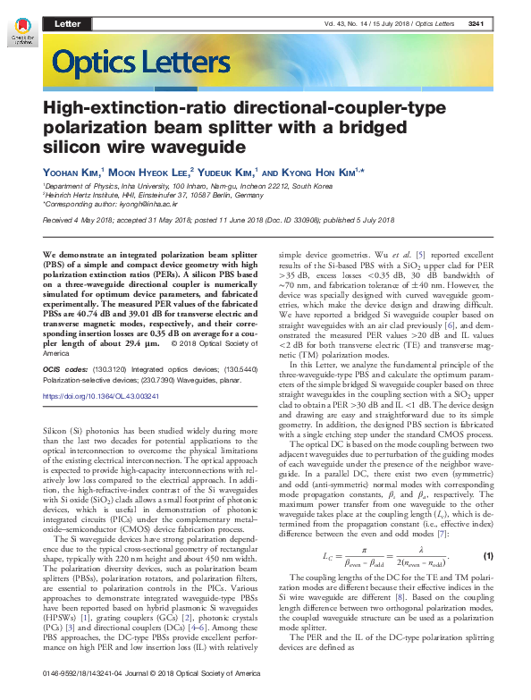 Pdf High Extinction Ratio Directional Coupler Type Polarization Beam Splitter With A Bridged