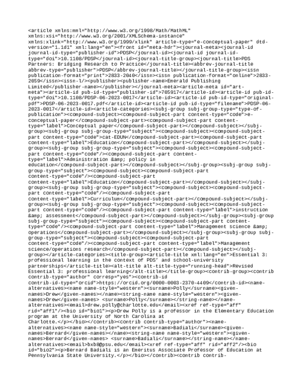 Essential 3: professional learning in the context of PDS’ and school ...