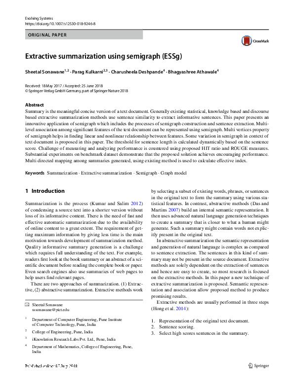 Pdf Extractive Summarization Using Semigraph Essg