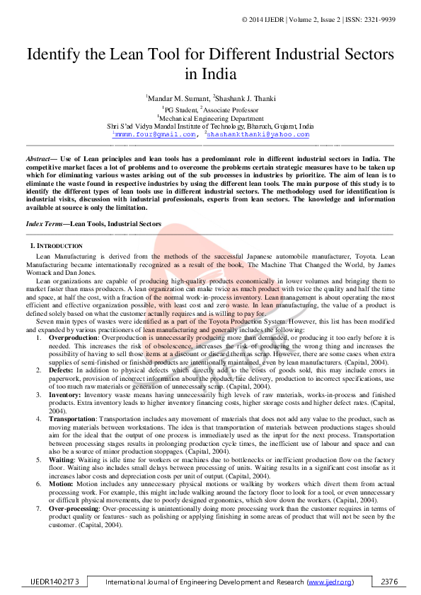 (PDF) Identify the Lean Tool for Different Industrial Sectors in India
