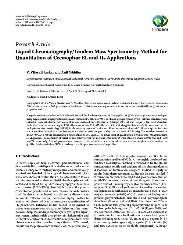 (PDF) Liquid Chromatography/Tandem Mass Spectrometry Method for Quantitation of Cremophor EL and ...