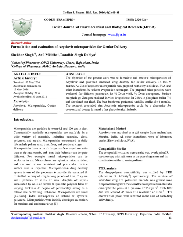 Pdf Formulation And Evaluation Of Acyclovir Microparticles For Ocular Delivery Anil Middha