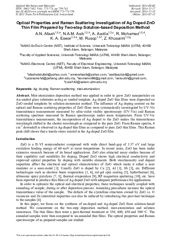 (PDF) Optical Properties and Raman Scattering Investigation of Ag Doped ...